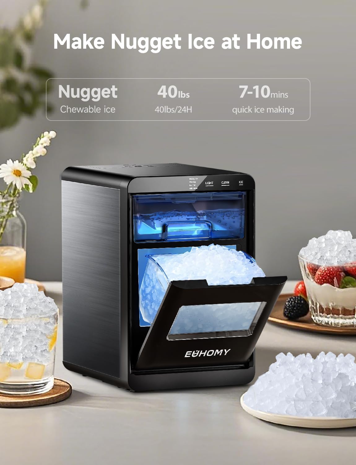 EUHOMY Nugget Ice Maker Countertop 40Lbs/24H Self-Cleaning with Scoop ...
