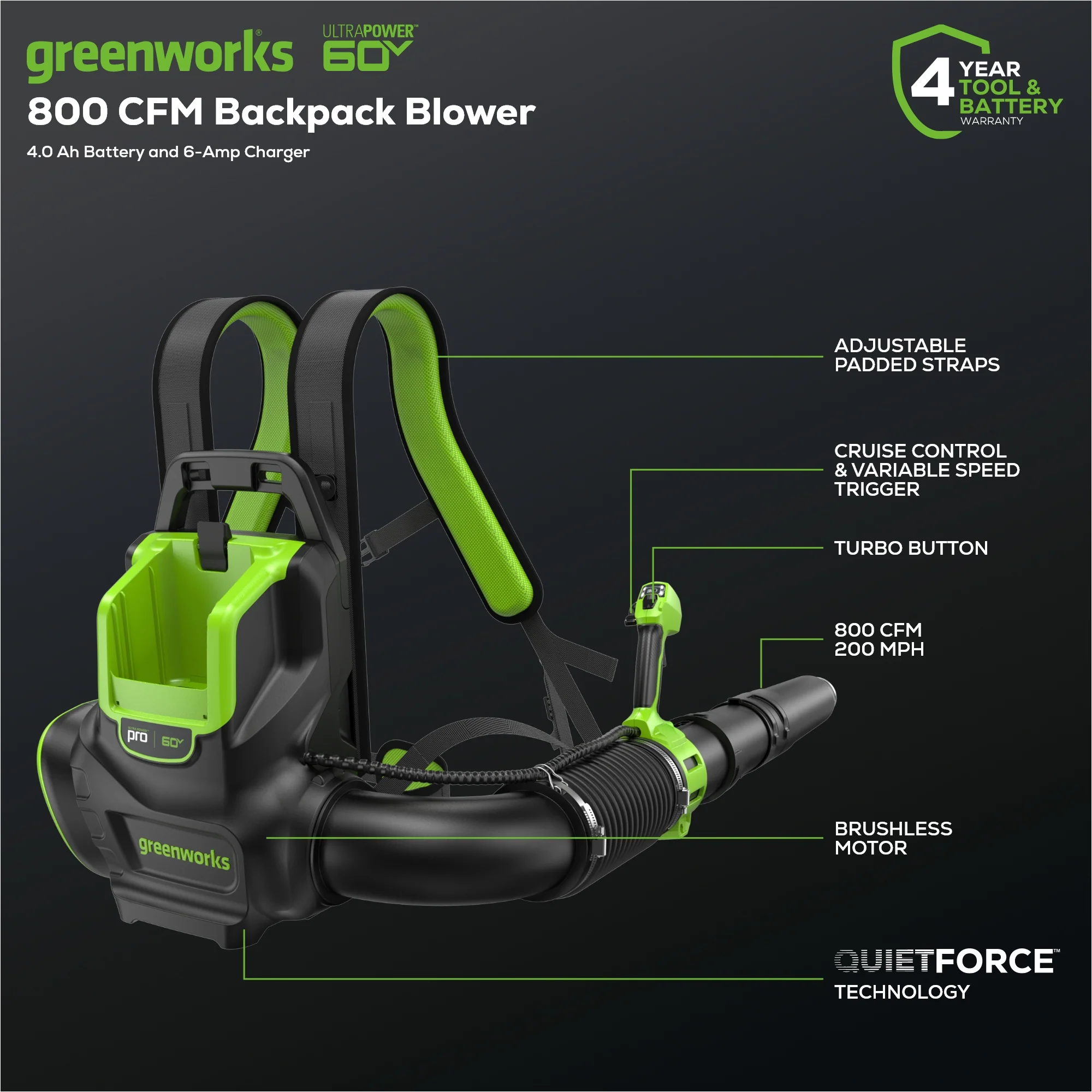 60V 800 CFM Cordless Battery Brushless Backpack Blower w/ 4.0Ah Battery ...