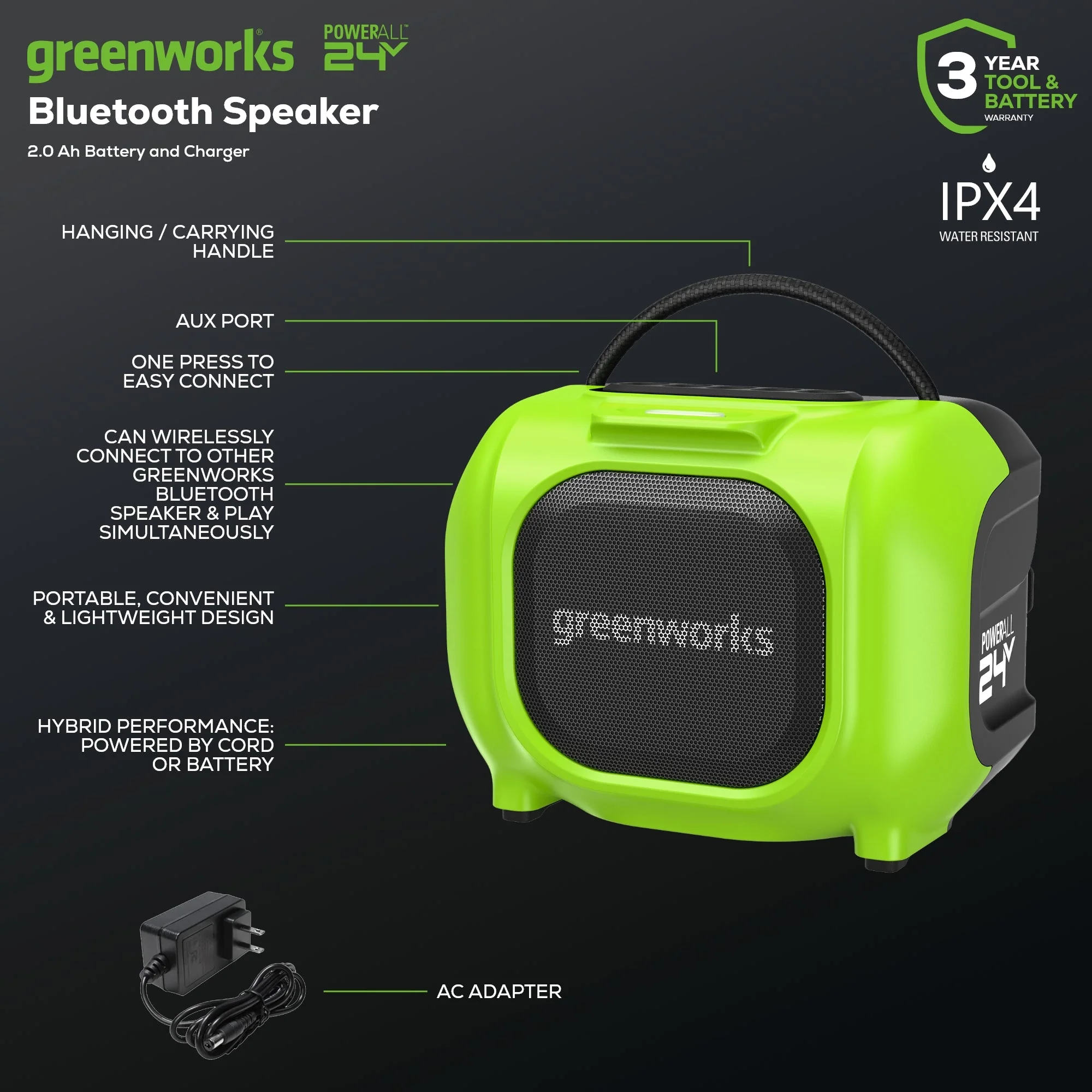 24V Cordless Battery Mini Bluetooth Speaker w/ 2.0Ah Battery & Charger ...