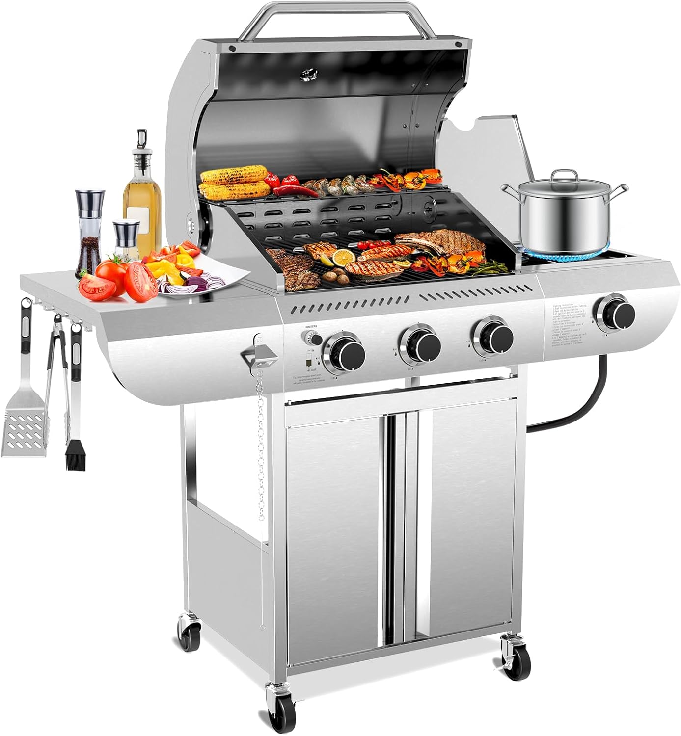 3-Burner Propane Gas Grill with Side Burner 34000 BTU Stainless Steel ...