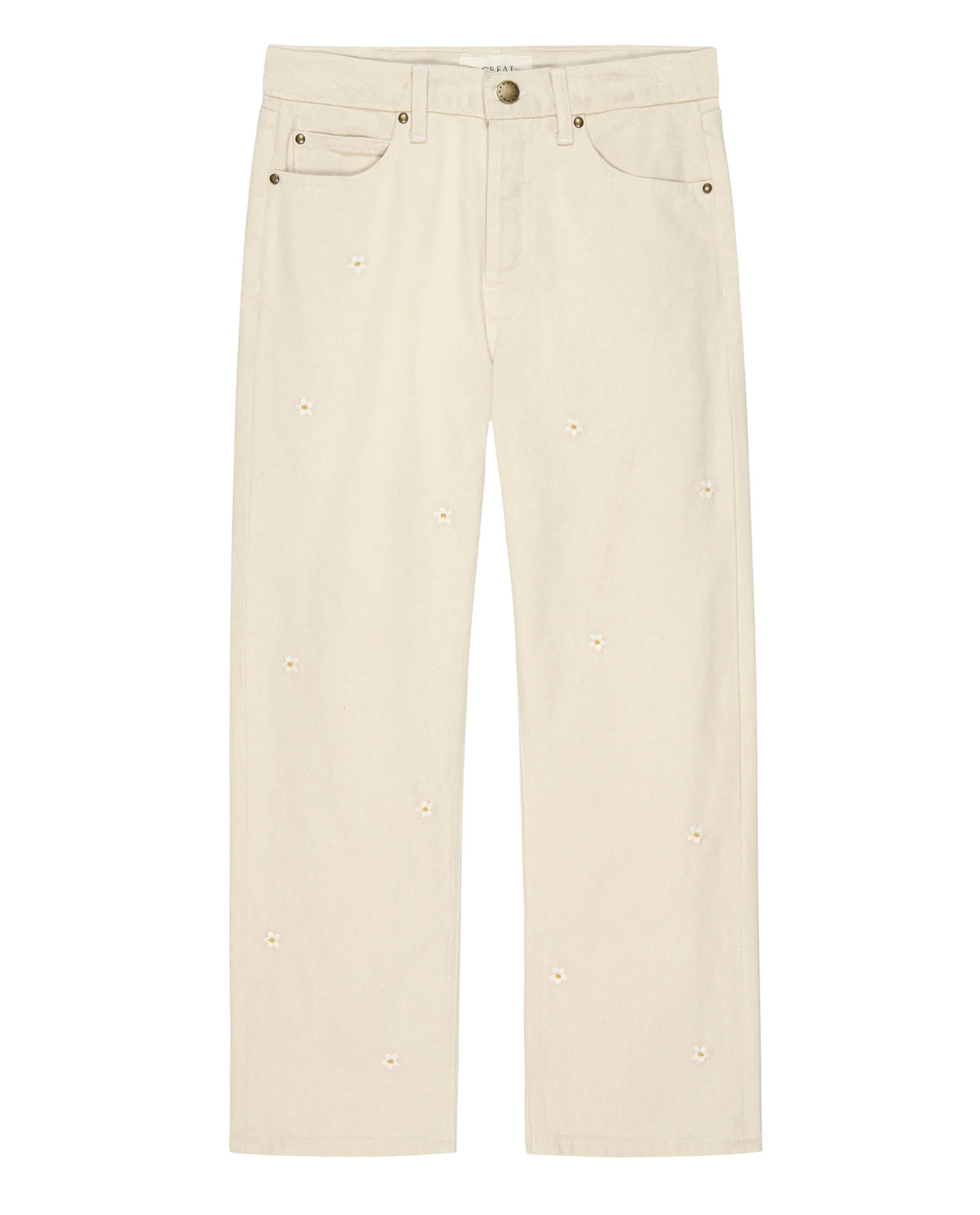 The Embroidered Daisy Wayne Jean. Natural with Embroidered Daisies – theat