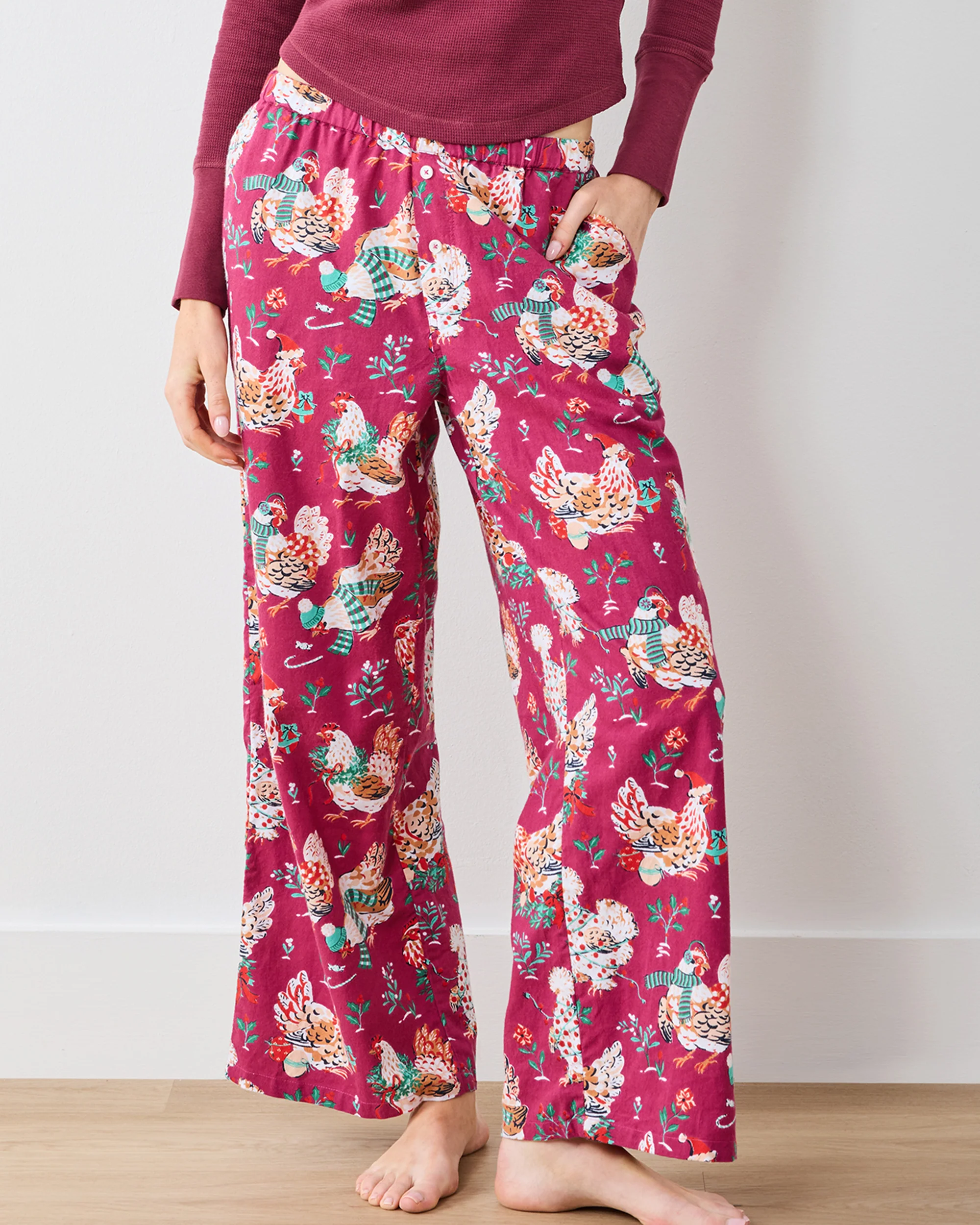 Holiday Hens – Lightweight Flannel Wide Leg PJ Pants – Burgundy – pntesh