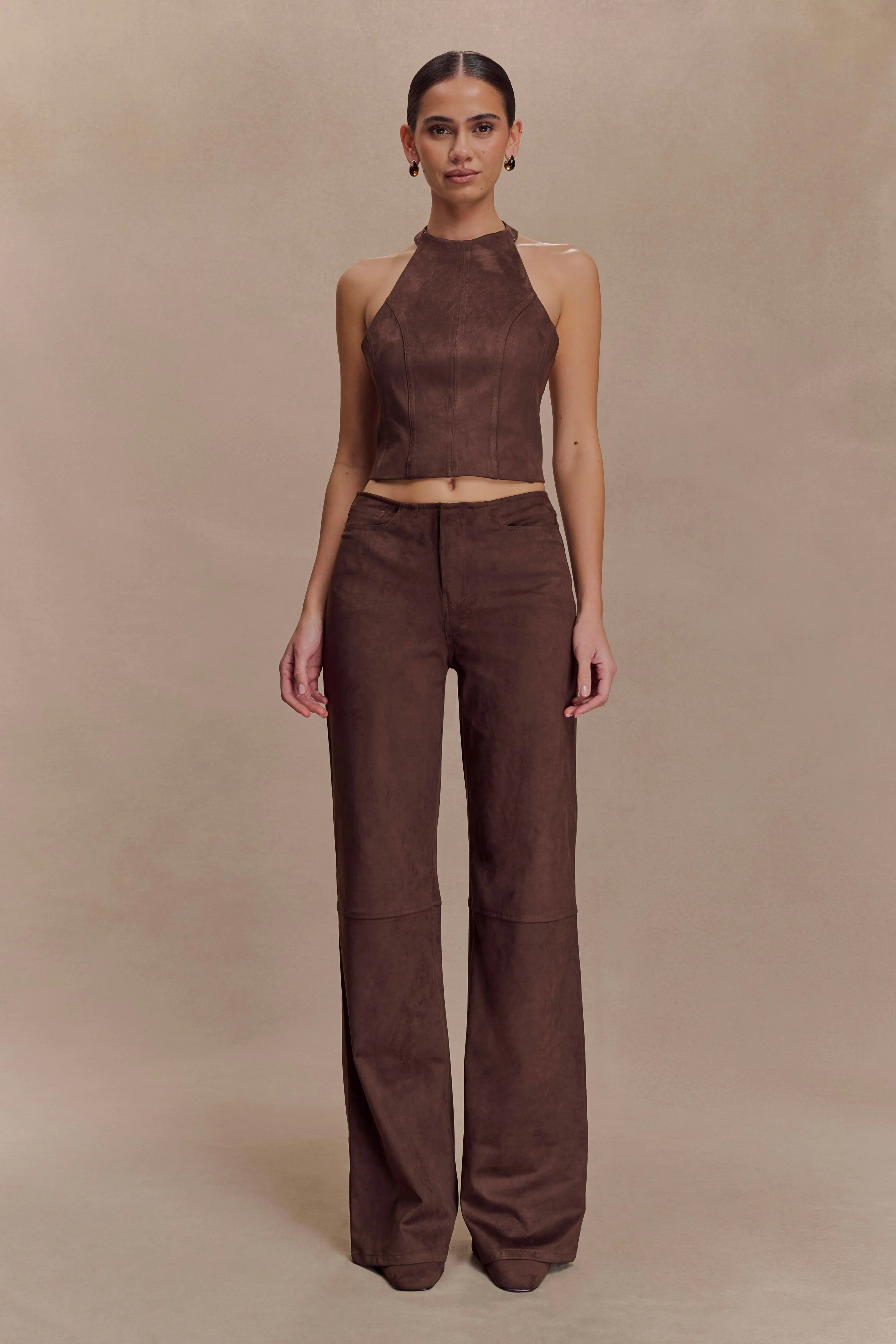 Logan Faux Suede Halter Top – Dark Chocolate – mskhi