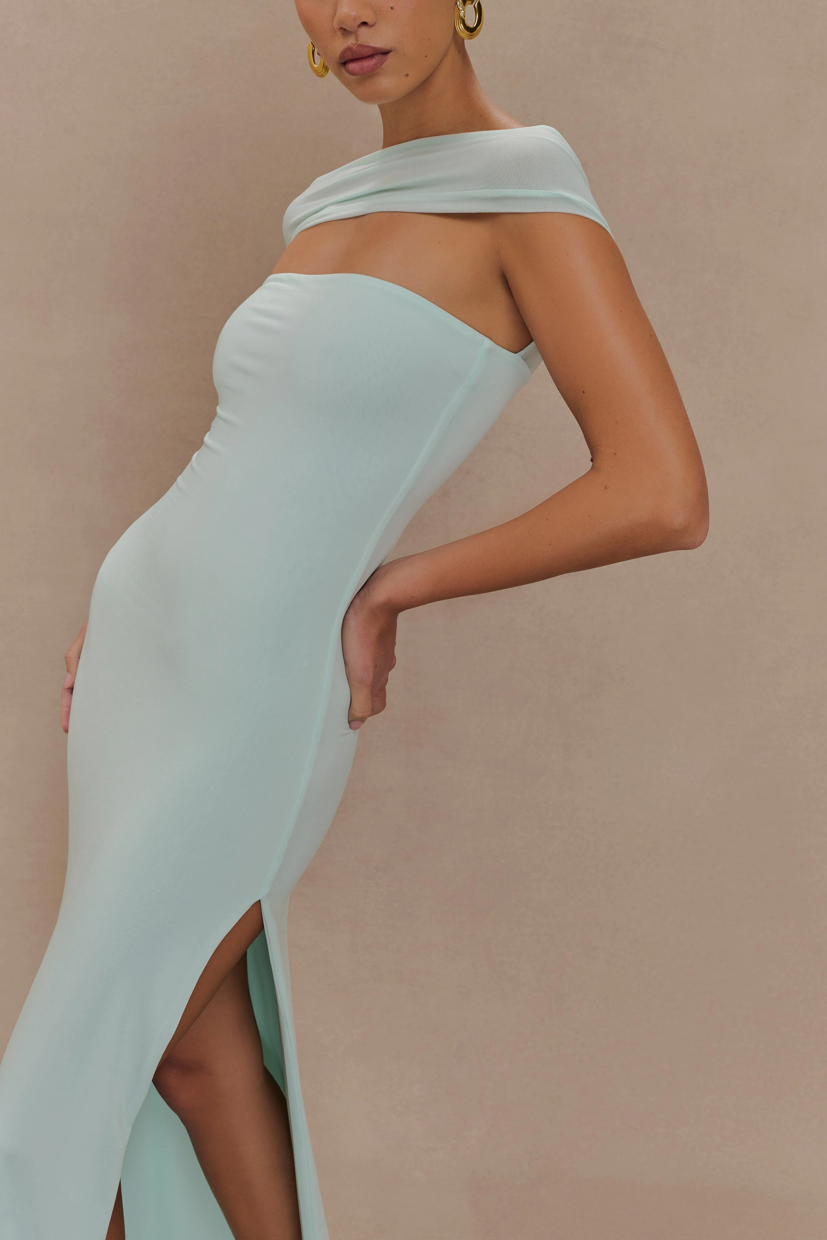 Aurora Slinky And Mesh Split Maxi Dress – Lagoon – mskhi