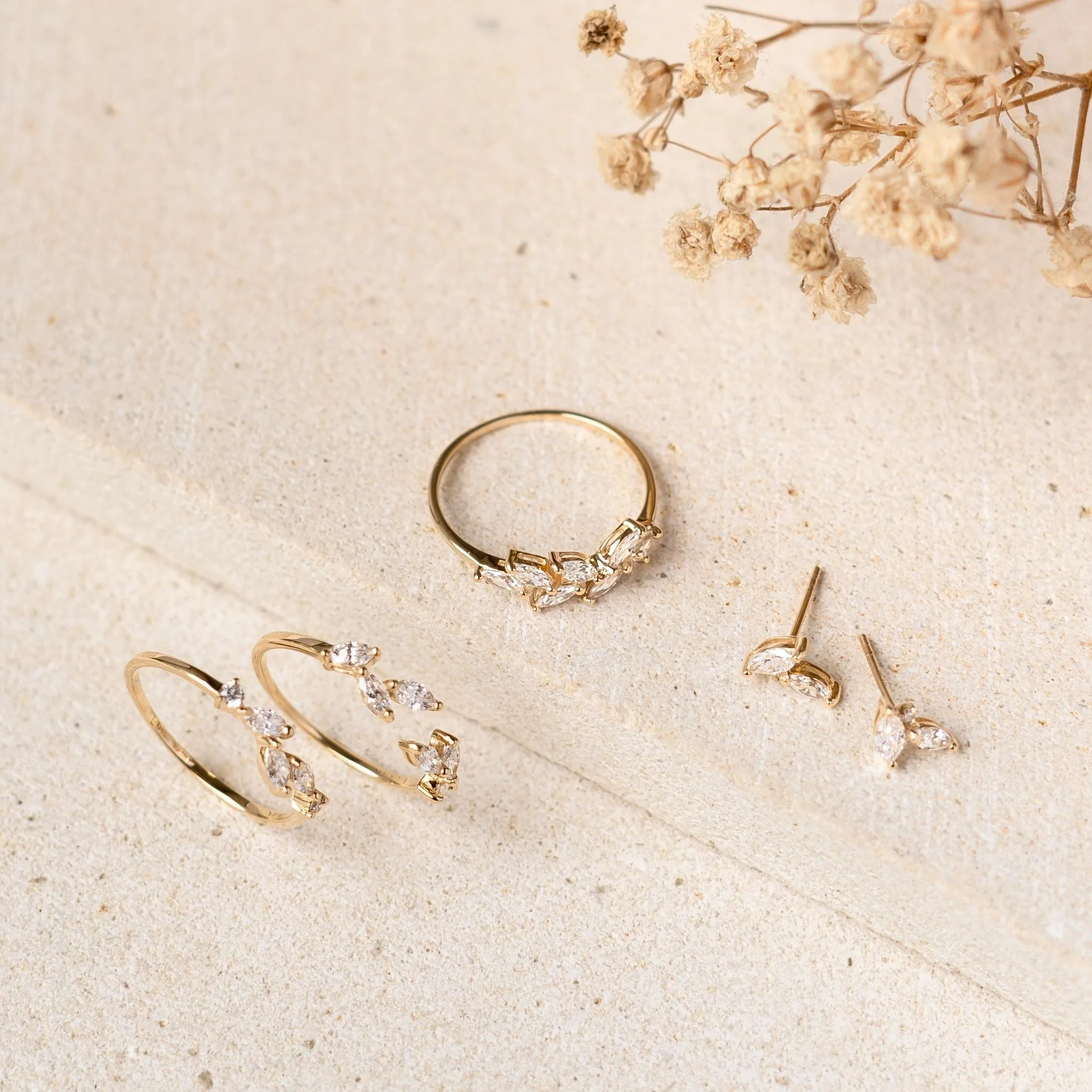 Diamond Leaf Ring 14k Gold – Freya – lniej