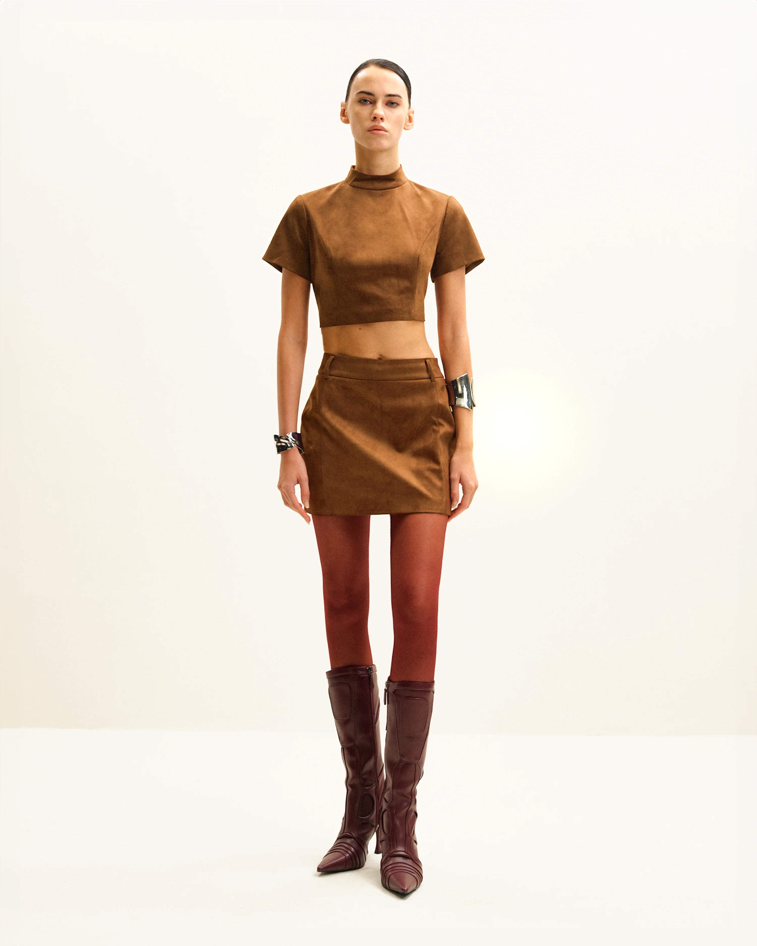 Grace Faux Suede Crop Top and Mini Skirt Set – Camel – jpiwe