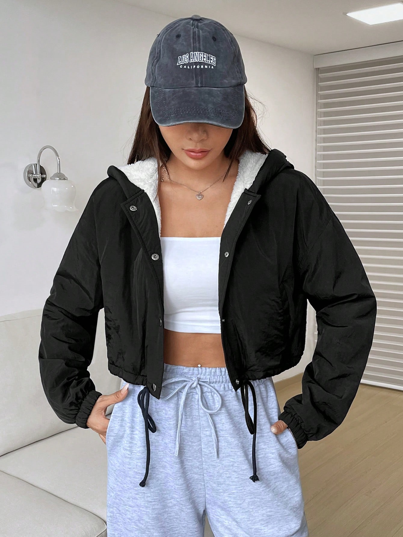 Drawstring Hem Drop Shoulder Teddy Lined Hooded Jacket - Online Store