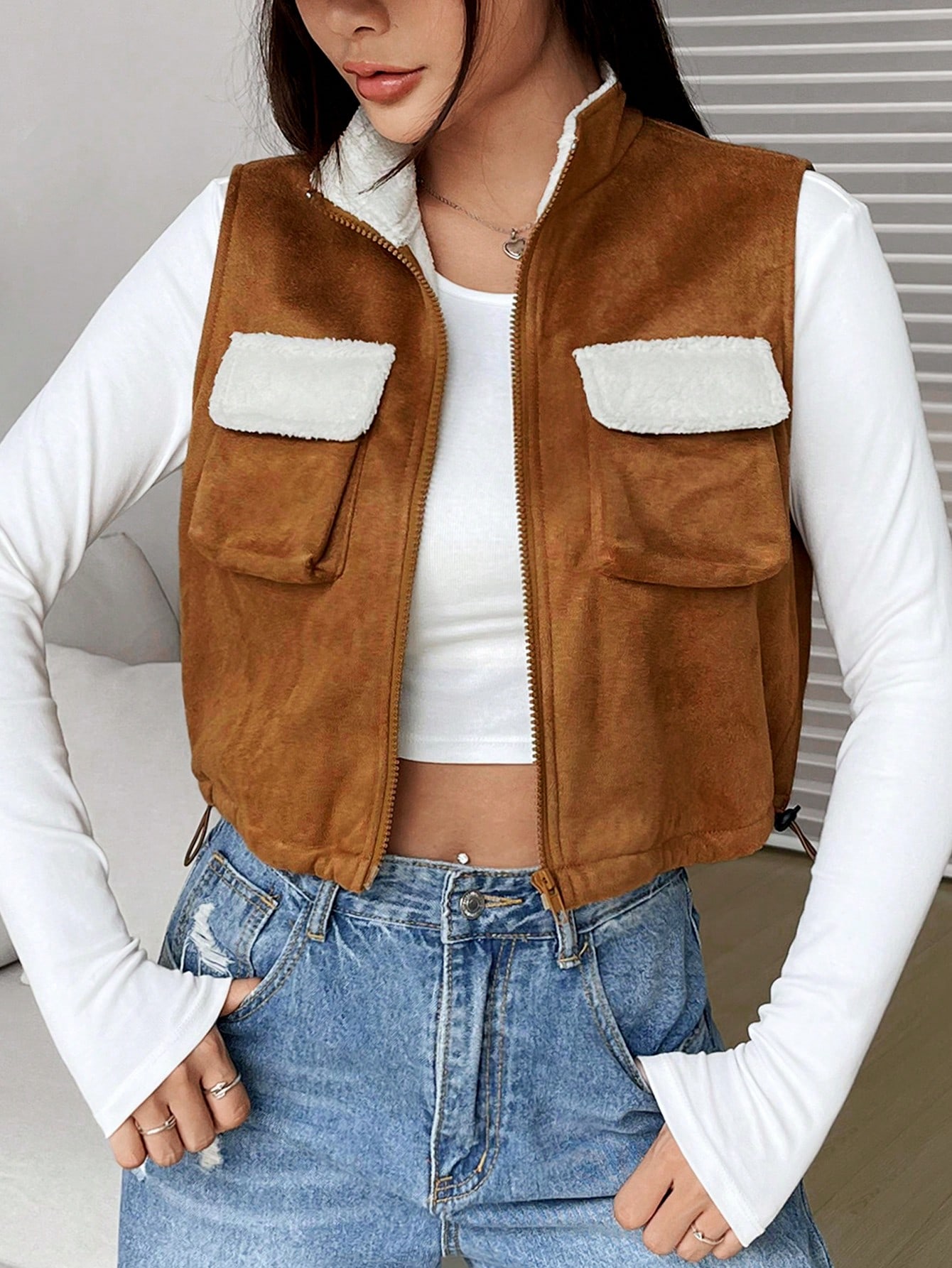 Flap Pocket Drawstring Hem Crop Vest Jacket - Online Store