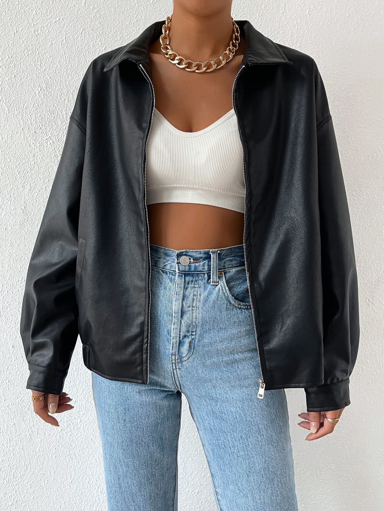 Drop Shoulder Zip Up PU Jacket - Online Store
