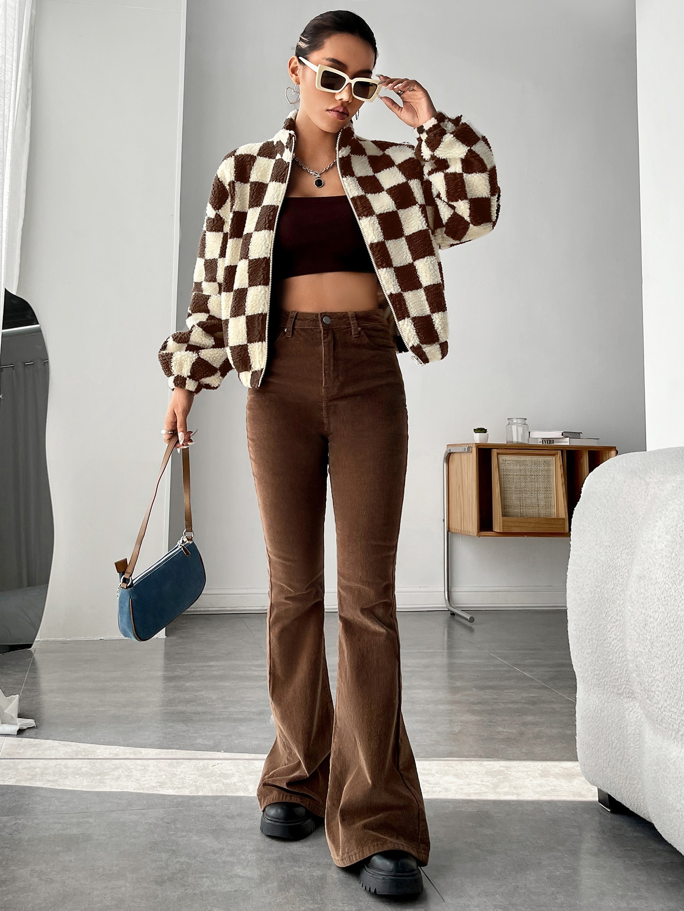 Checker Print Zip Up Teddy Jacket - Online Store