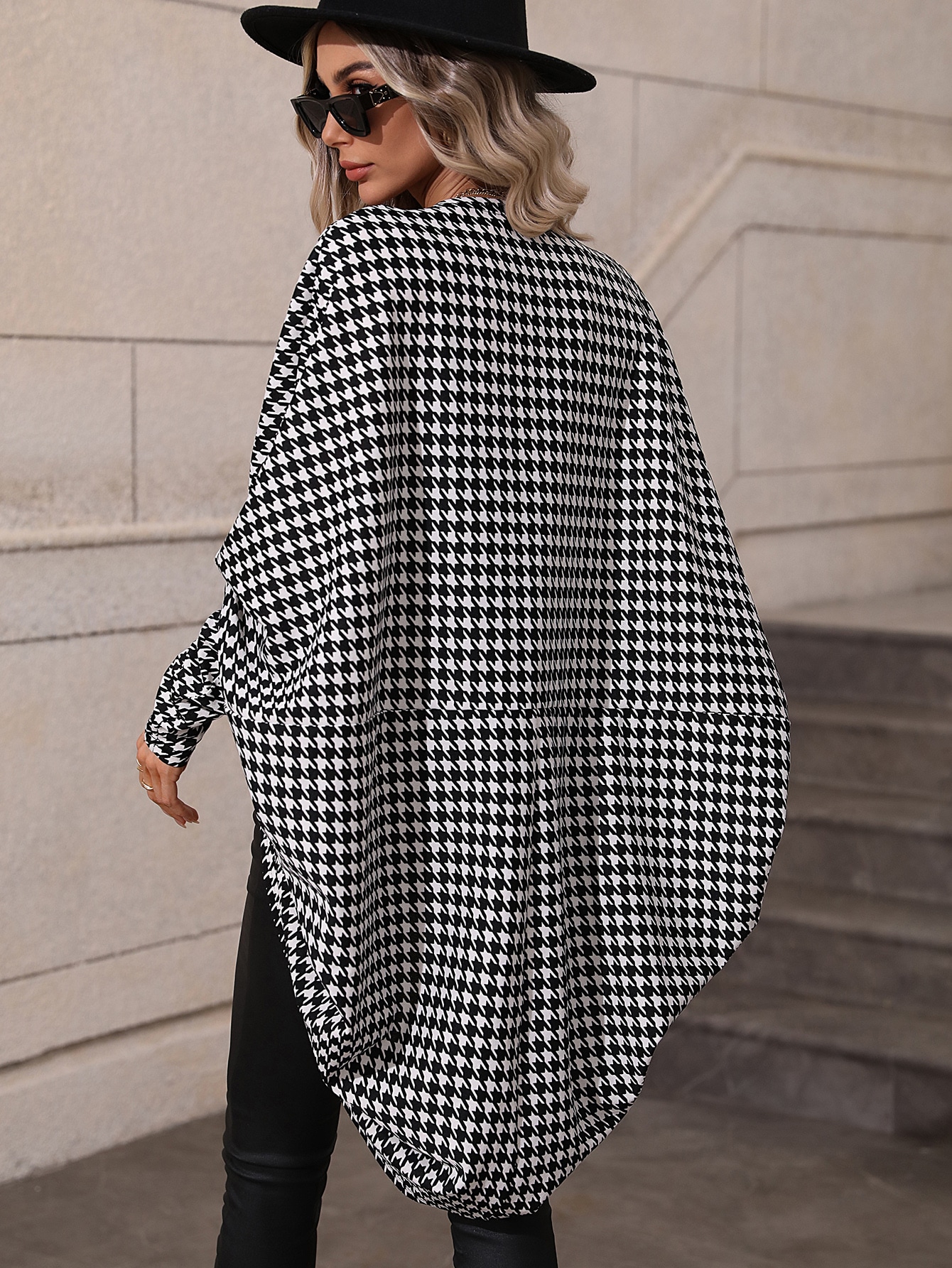 Houndstooth Batwing Sleeve Open Front Coat - Online Store