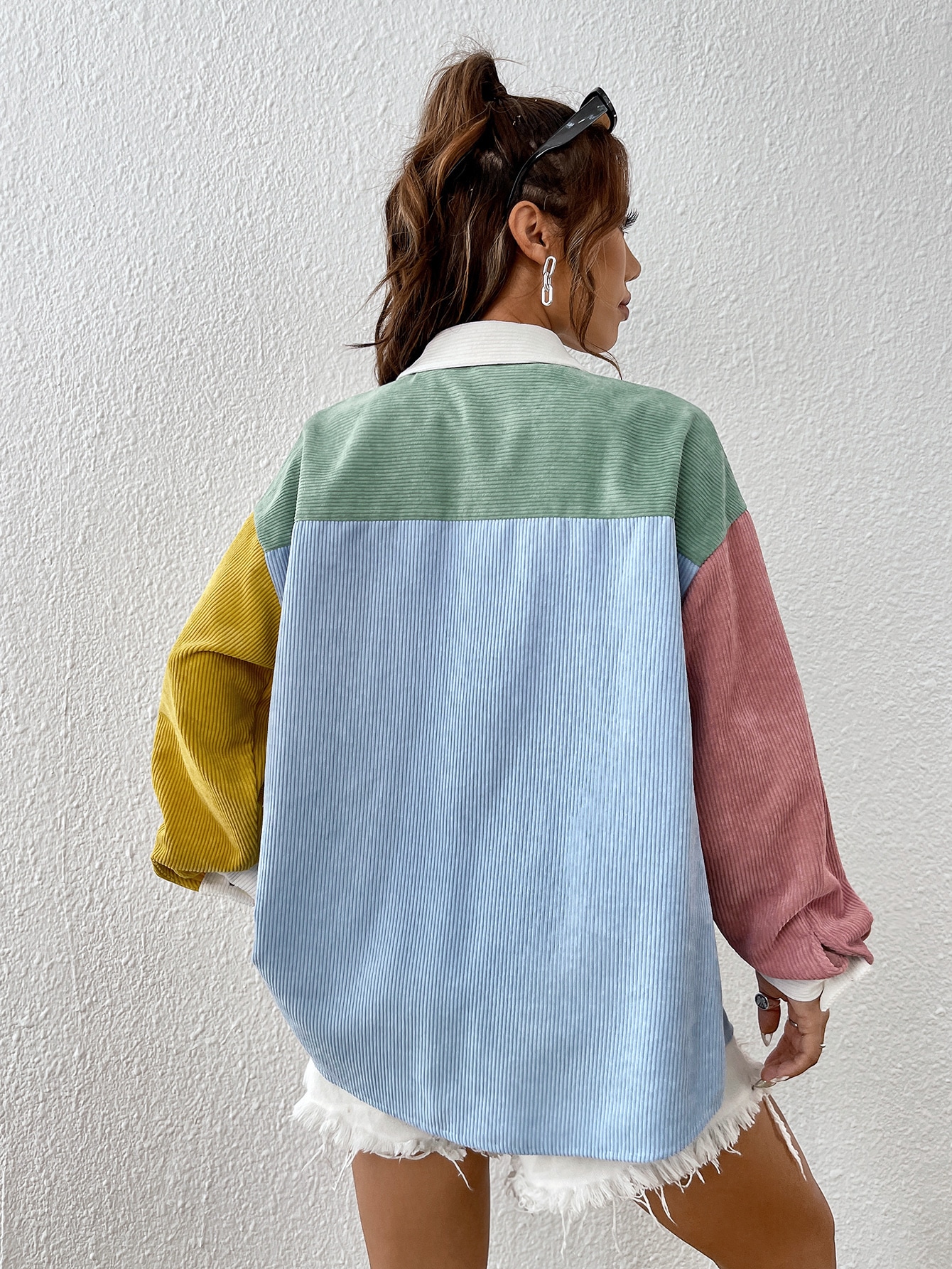 Colorblock Drop Shoulder Letter Patched Corduroy Coat - Online Store