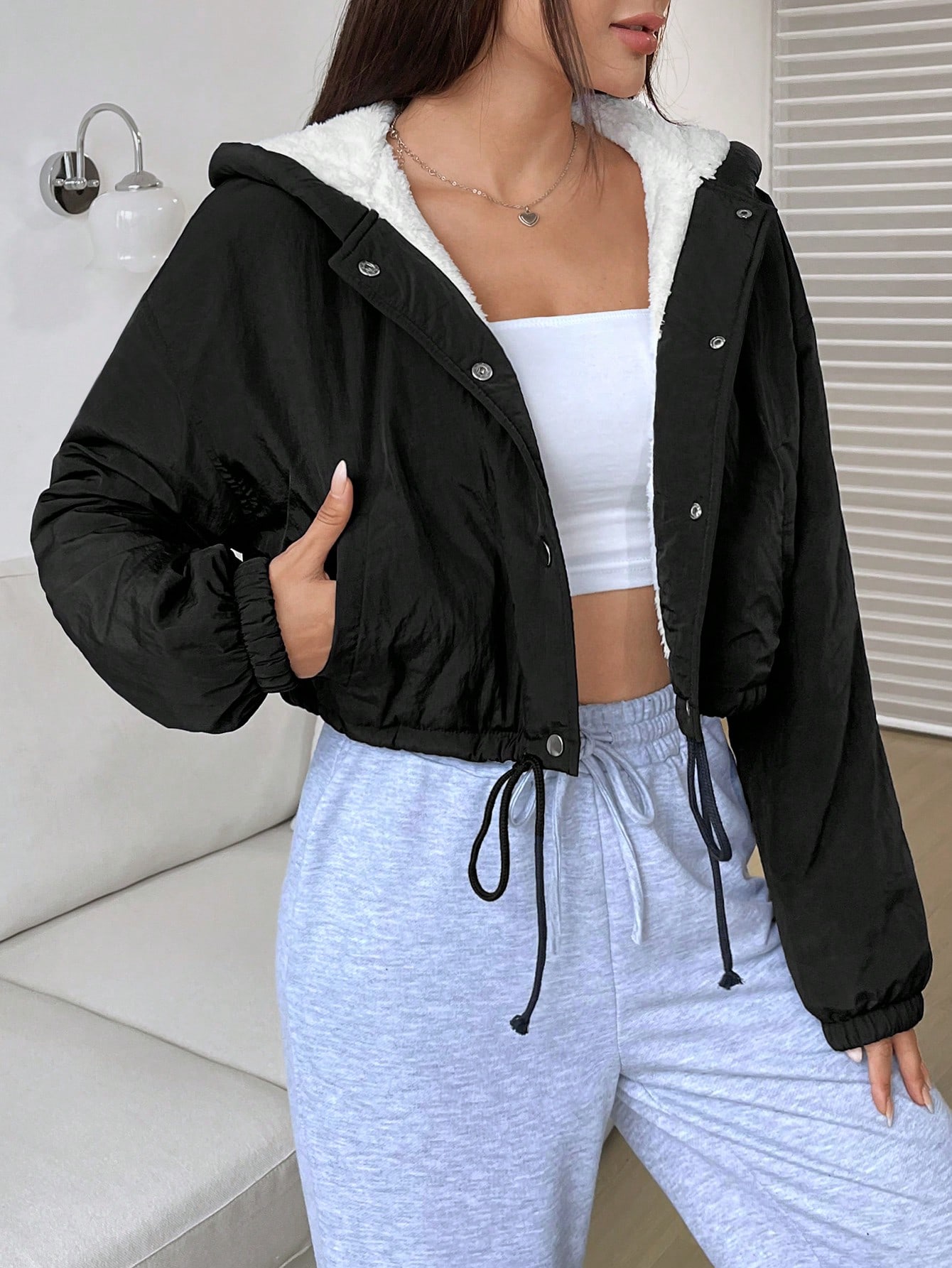Drawstring Hem Drop Shoulder Teddy Lined Hooded Jacket - Online Store