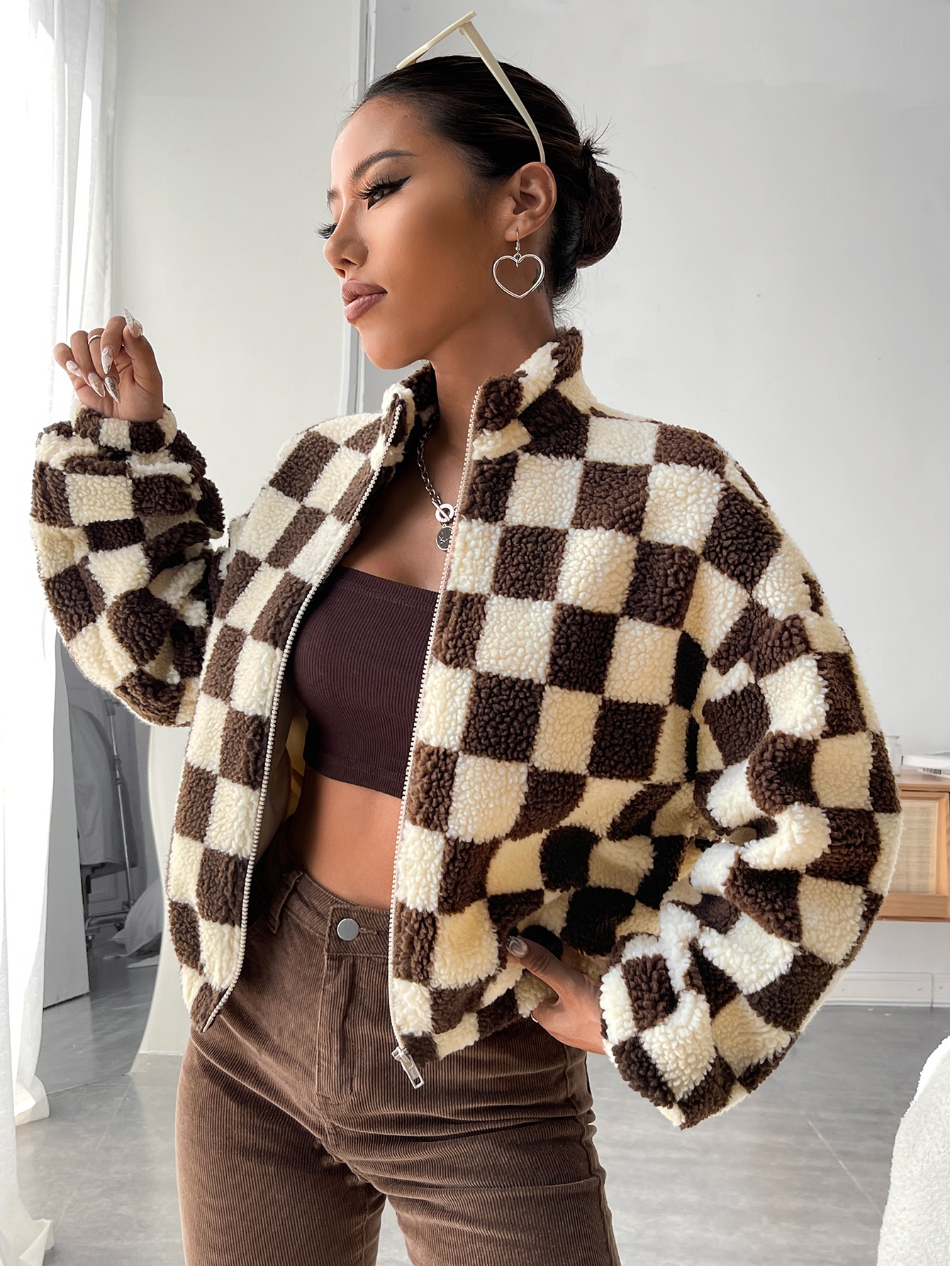 Checker Print Zip Up Teddy Jacket - Online Store