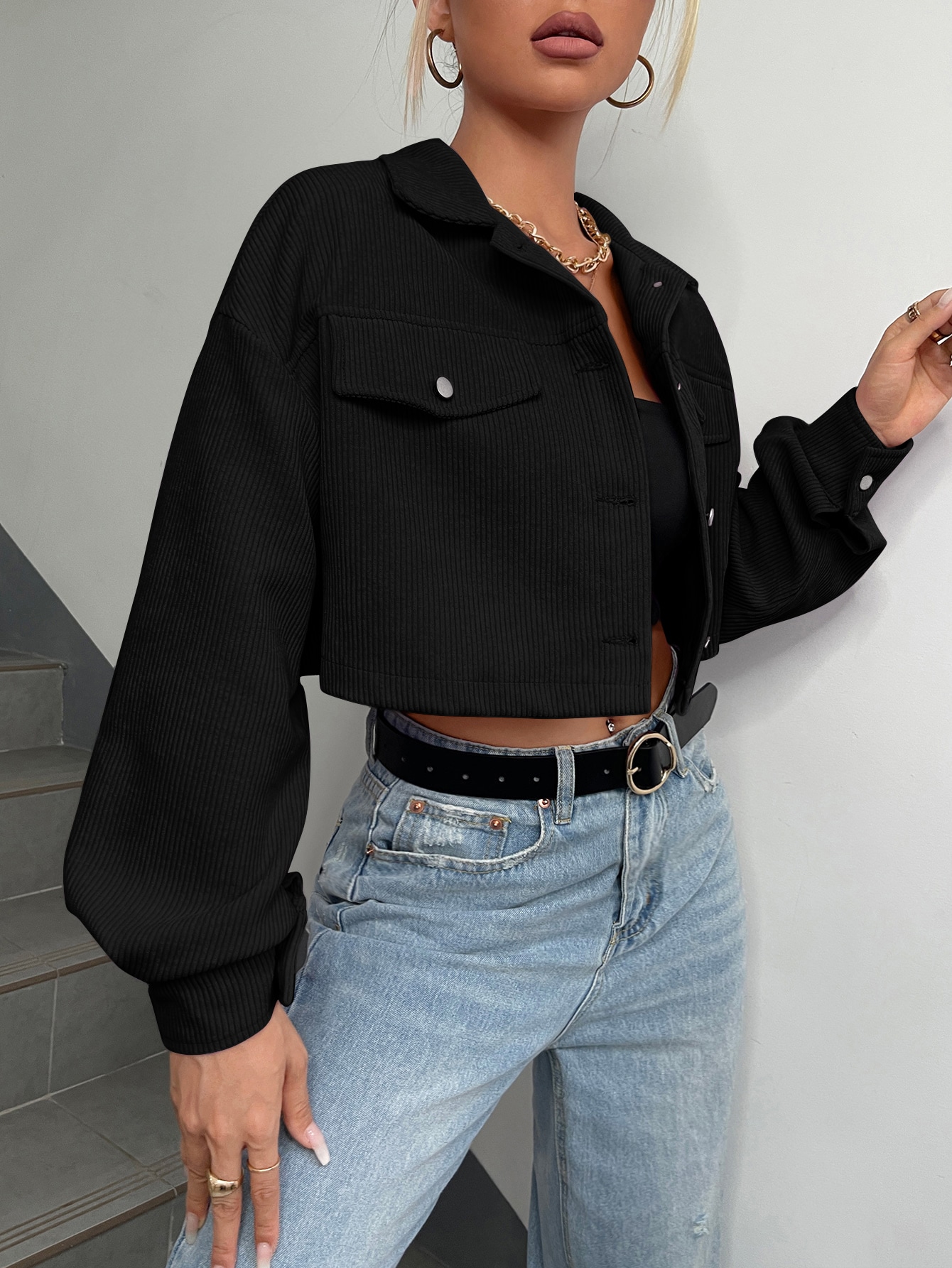 Drop Shoulder Flap Detail Crop Corduroy Jacket - Online Store